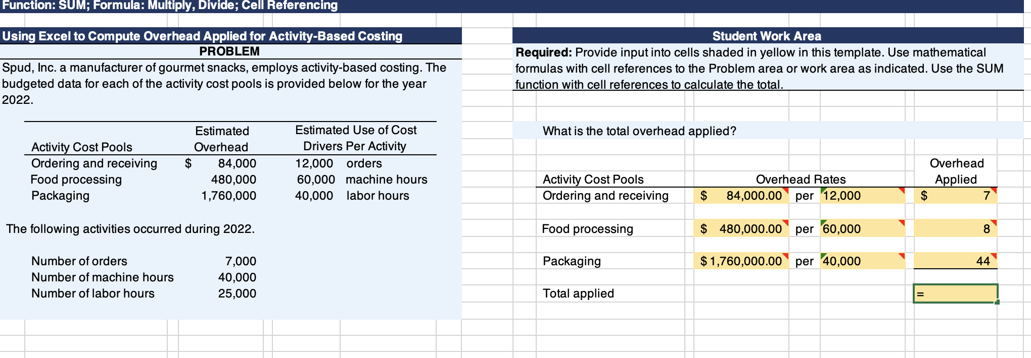Solved Function: SUM; Formula: Multiply, Divide; Cell | Chegg.com