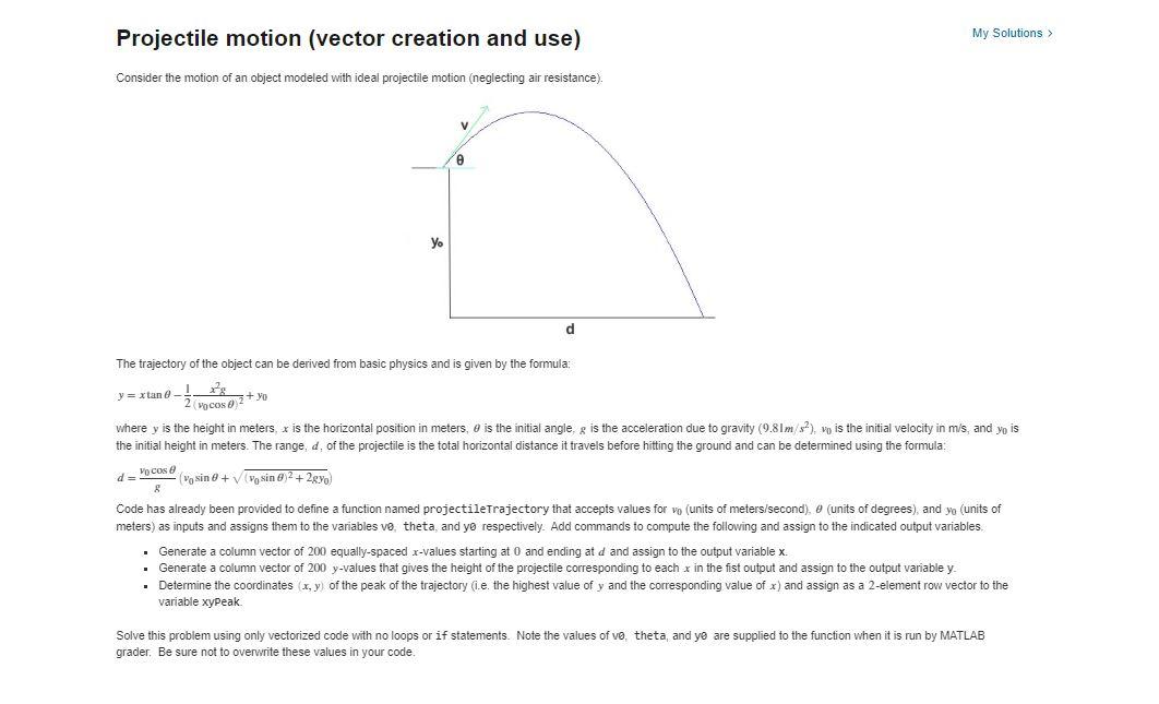 Projectile motion (vector creation and use) My | Chegg.com