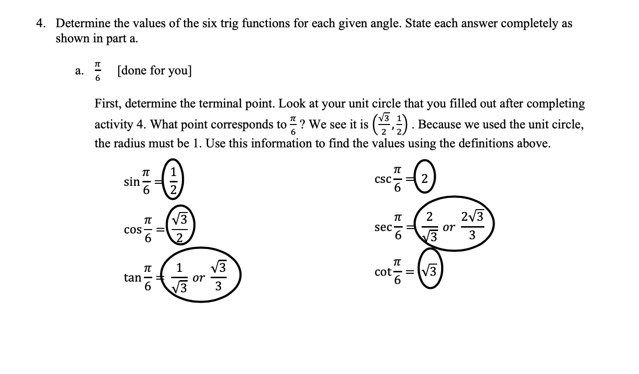 Solved 4. Determine the values of the six trig functions for | Chegg.com