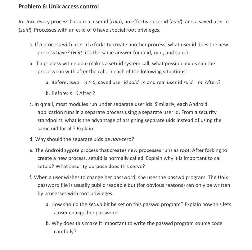 Solved Problem 6 Unix Access Control In Unix Every Process 4363