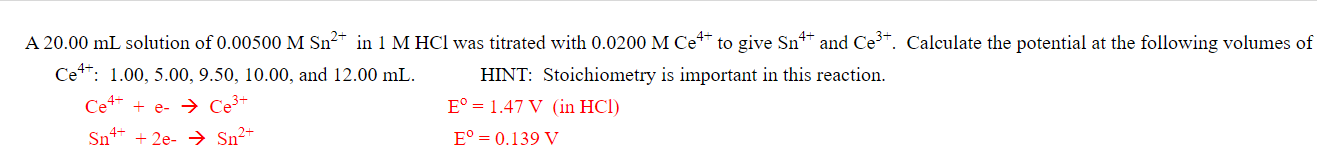 Solved A 20.00 mL solution of 0.00500MSn2+ in 1MHCl was | Chegg.com