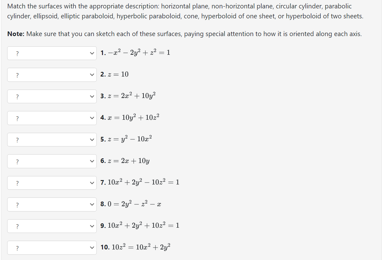 Solved Match the surfaces with the appropriate description: | Chegg.com