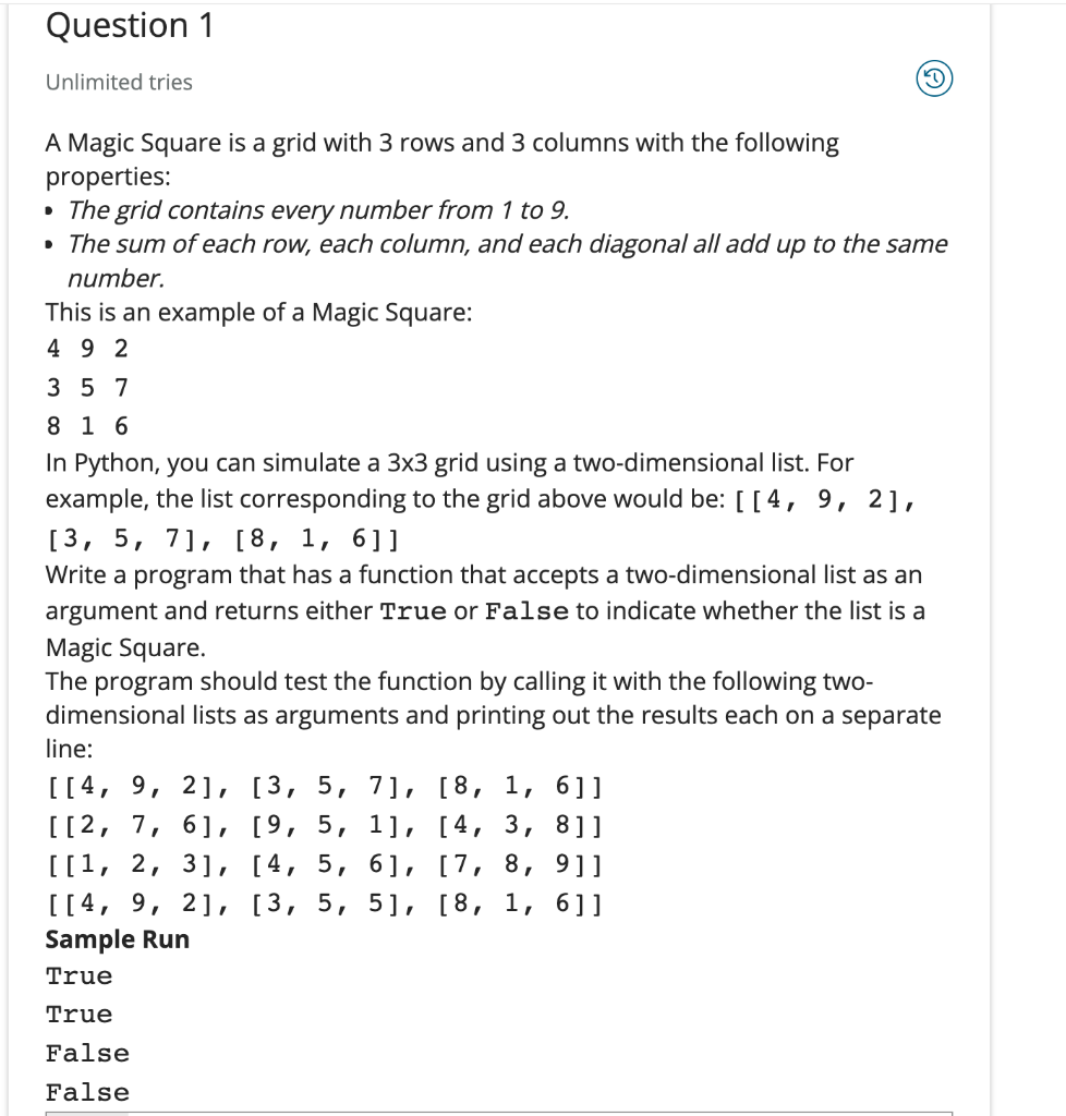 Solved Question 1 Unlimited tries A Magic Square is a grid | Chegg.com