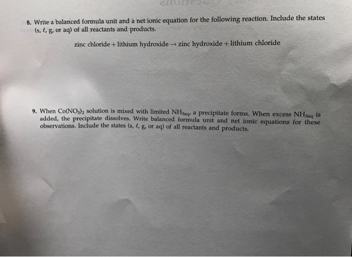 Solved Write a balanced formula unit and a net ionic | Chegg.com
