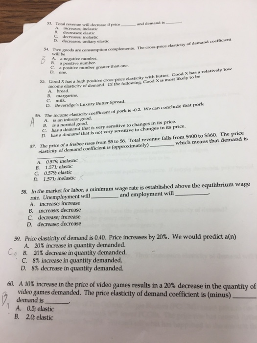 Solved 53. Total revenue will decrease if price- A. | Chegg.com