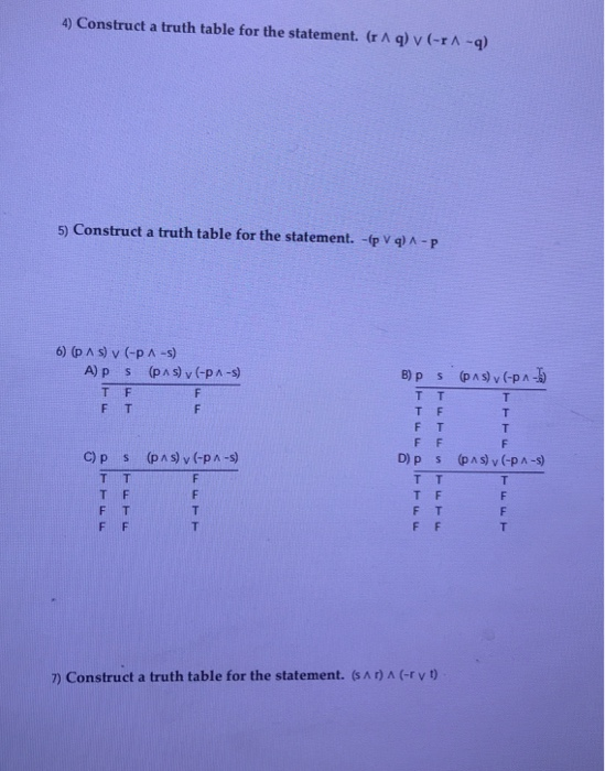 Solved 4) Construct a truth table for the statement. (r A q) | Chegg.com