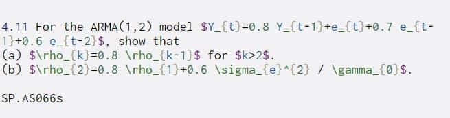 Solved 4.11 For the ARMA(1,2) model $Y_{t}=0.8 | Chegg.com