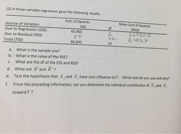 Solved (2) A three-variable regression gave the following | Chegg.com