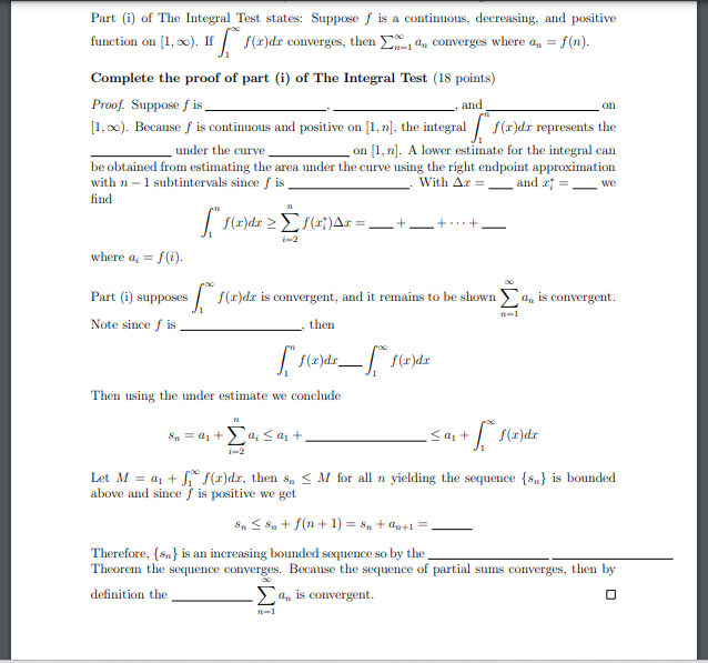 Solved Part (i) of The Integral Test states: Suppose f is a | Chegg.com