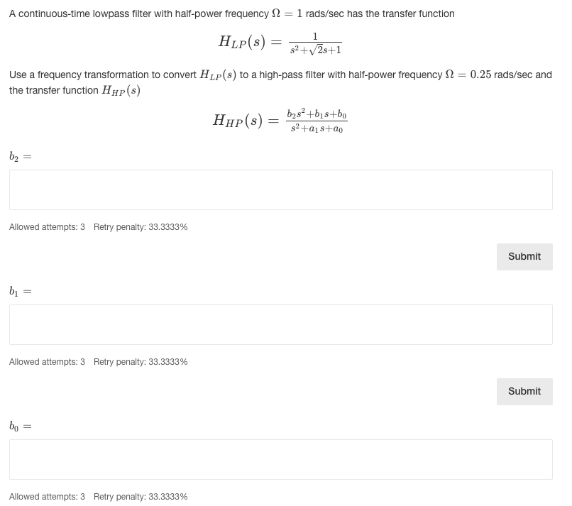 Solved A continuous-time lowpass filter with half-power | Chegg.com