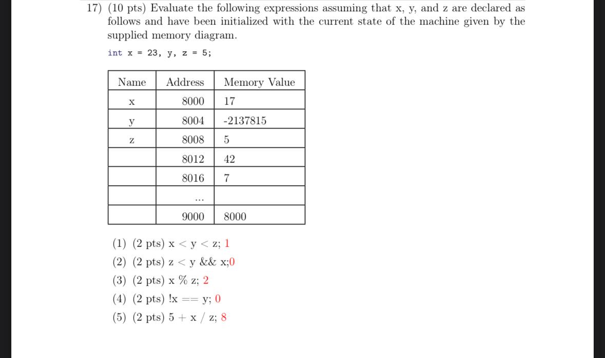 Solved 17) (10 pts) Evaluate the following expressions | Chegg.com