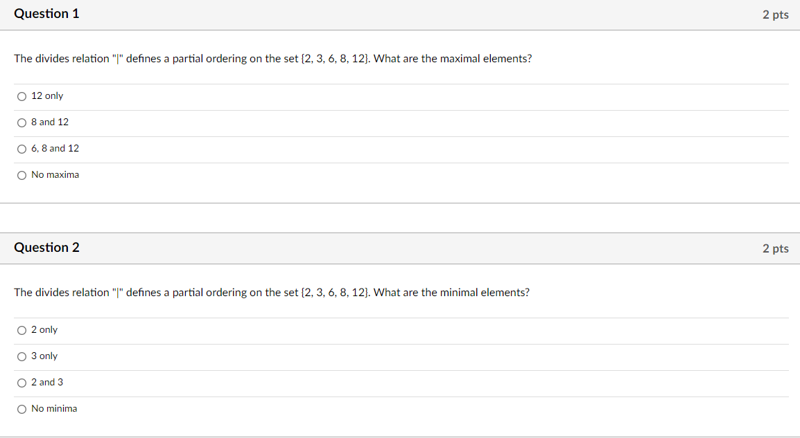 Solved Question 1 2 pts The divides relation "I" defines a | Chegg.com
