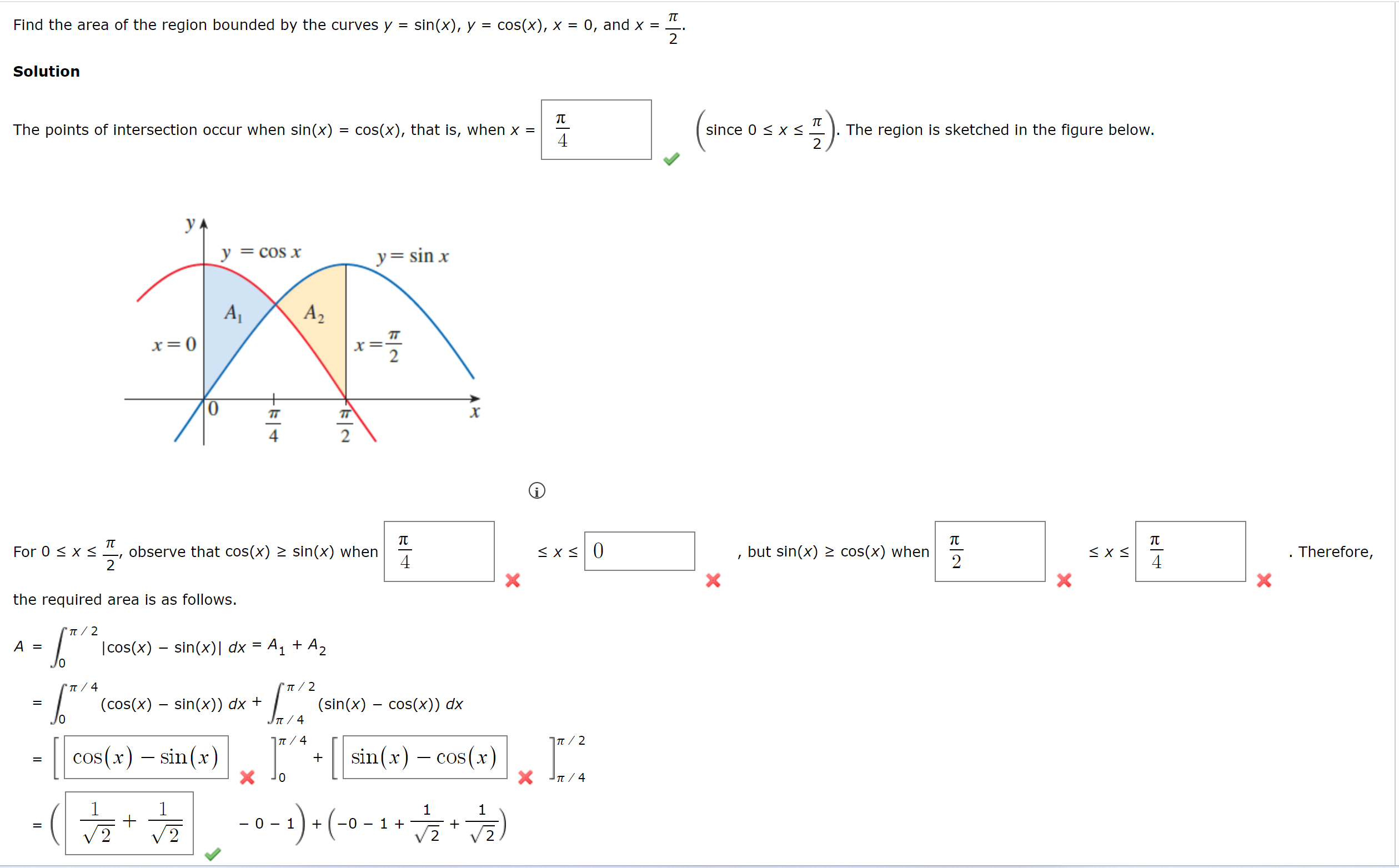 Solved The points of intersection occur when sin(x)=cos(x), | Chegg.com