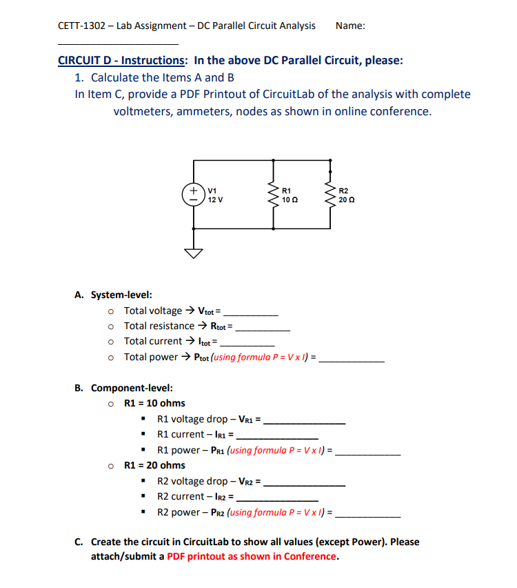 Solved CETT-1302 - Lab Assignment - DC Parallel Circuit | Chegg.com