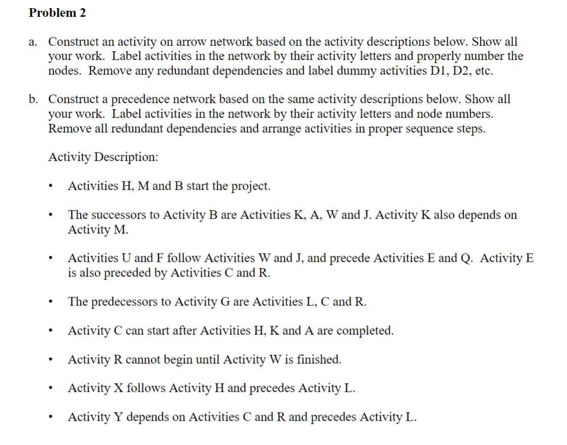 Solved Problem 2 a. Construct an activity on arrow network | Chegg.com