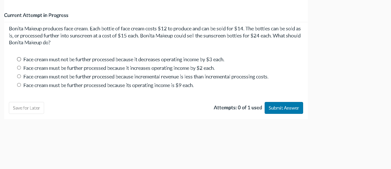 Solved Current Attempt in ProgressBonita Makeup produces | Chegg.com