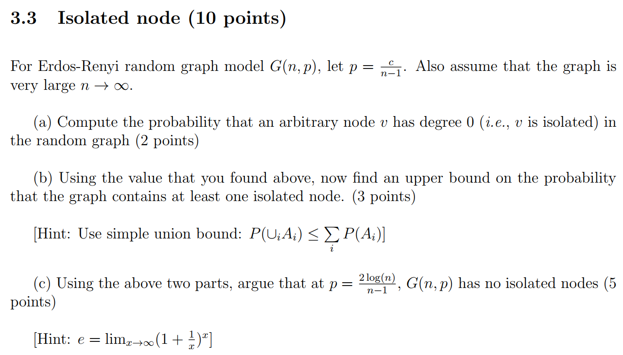 3.3 Isolated node (10 points) For Erdos-Renyi random | Chegg.com