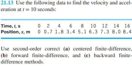 Solved 21.13 Use the following data to find the velocity and | Chegg.com
