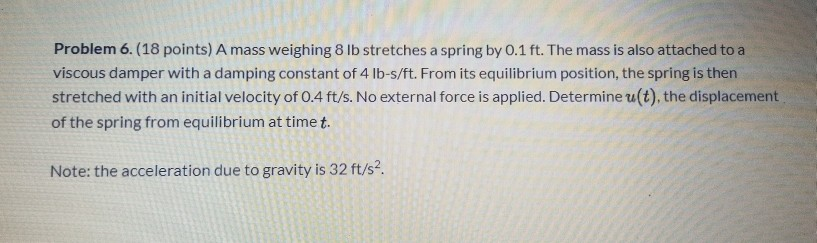 Solved Problem 6. (18 points) A mass weighing 8 lb stretches | Chegg.com