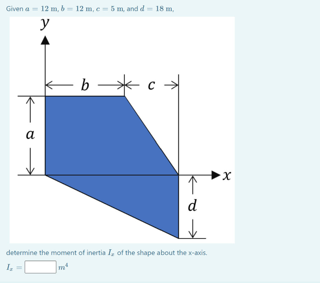 Solved Given a=12 m,b=12 m,c=5 m, and d=18 m, Ix=m4 | Chegg.com