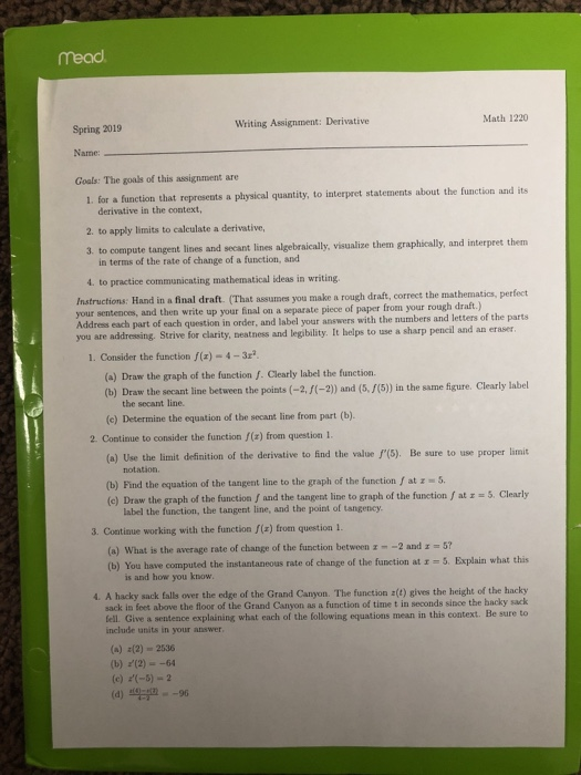 Solved mead Spring 2019 Writing Assignment: Derivative Math | Chegg.com