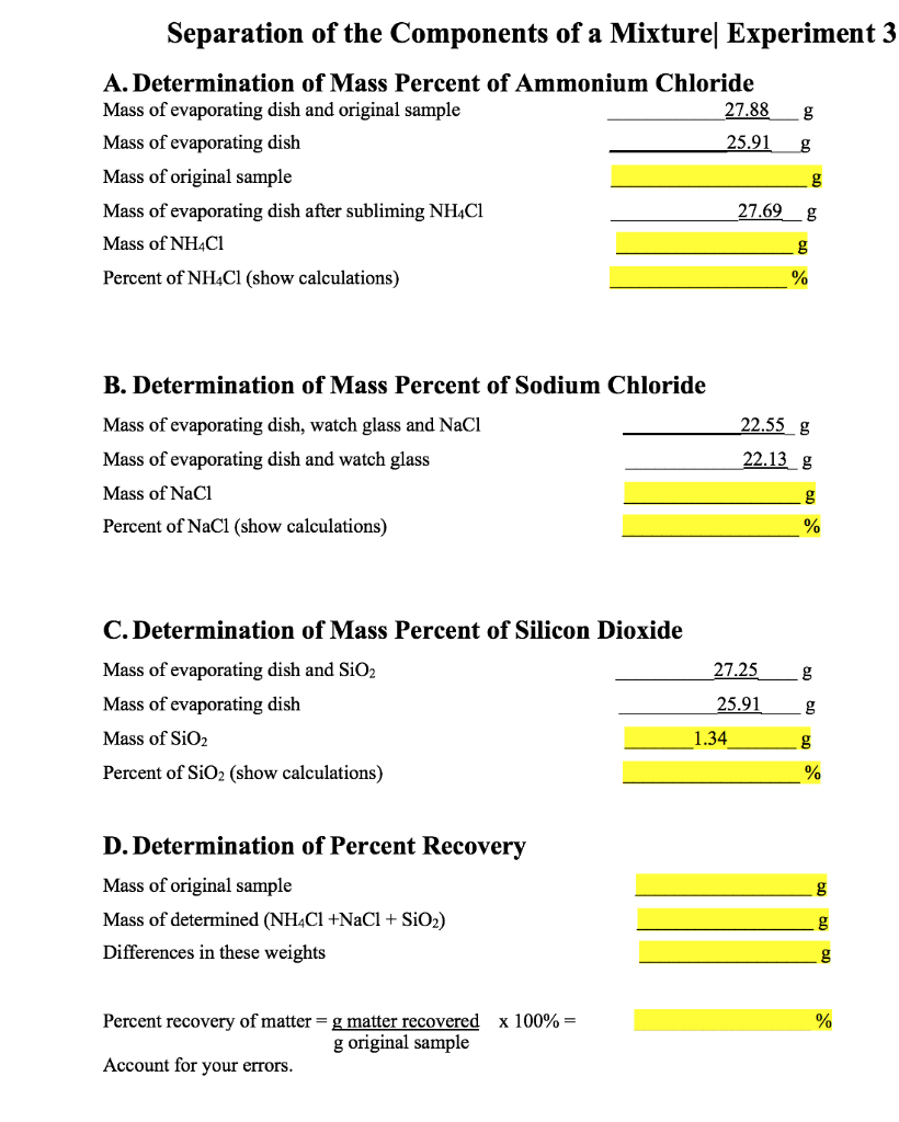 Solved Separation of the Components of a Mixture Experiment | Chegg.com