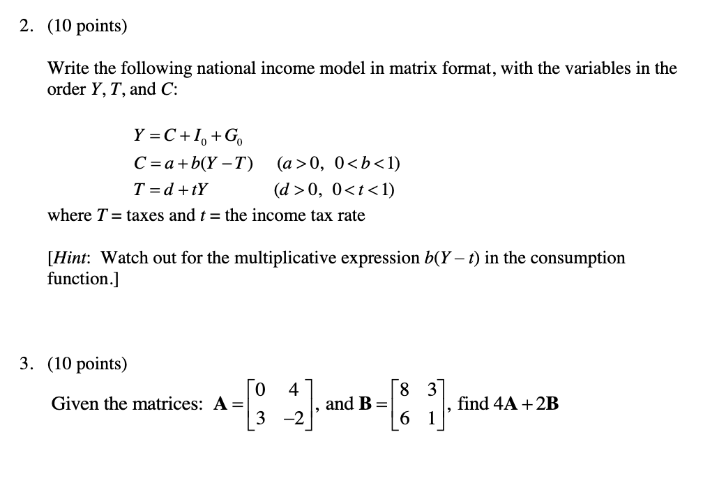 Solved 2. (10 points) Write the following national income | Chegg.com