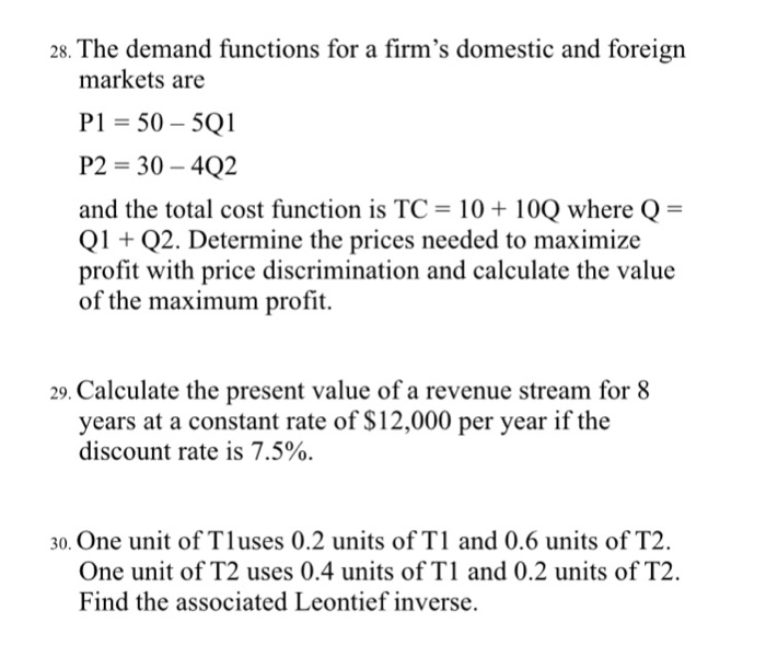 Solved 28. The demand functions for a firm's domestic and | Chegg.com