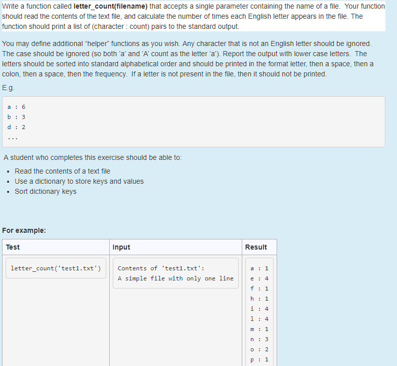 Solved Write a function called letter_count(filename) that | Chegg.com