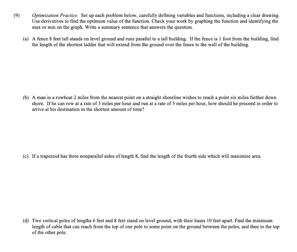 Solved (9) Optimization Practice. Set up each problem below, | Chegg.com