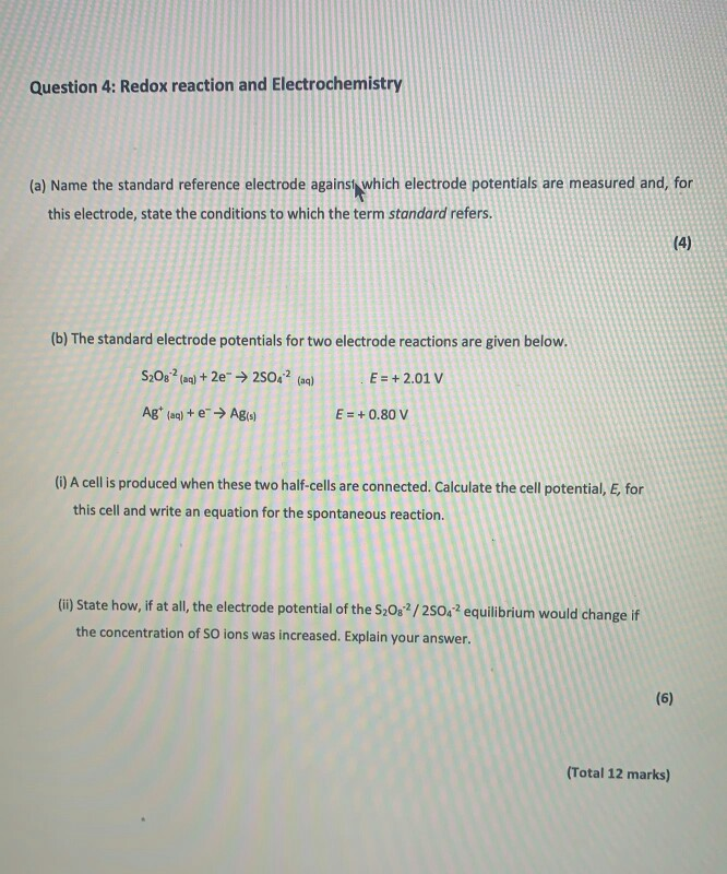 Solved Question 4: Redox reaction and Electrochemistry (a) | Chegg.com