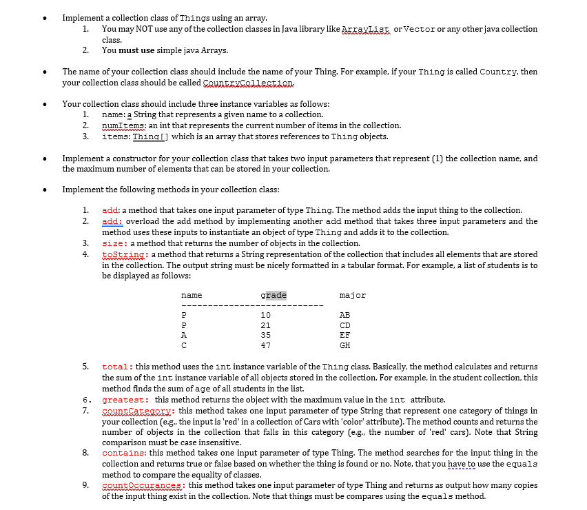 Solved Implement a collection class of Things using an | Chegg.com
