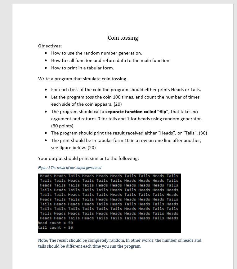 Solved Coin tossing Objectives: - How to use the random | Chegg.com