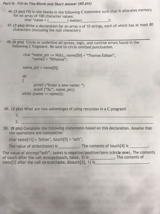 Solved Part l: Fill-In-The-Blank and Short Answer (60 pts) | Chegg.com