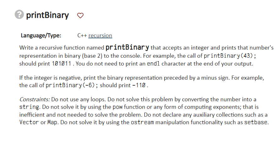Solved printBinary Language/Type: C++ recursion Write a | Chegg.com