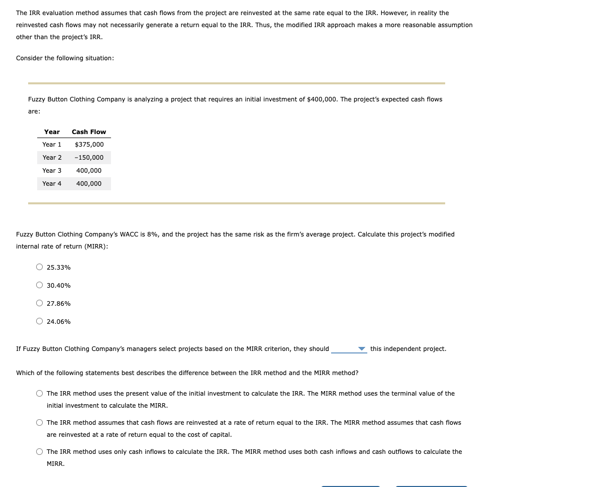 Solved The IRR evaluation method assumes that cash flows | Chegg.com