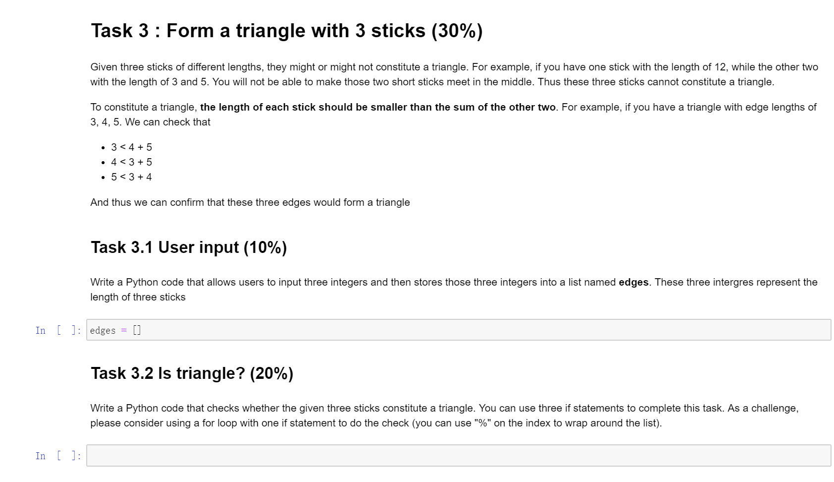 Solved Task 3 : Form a triangle with 3 sticks (30%) Given | Chegg.com