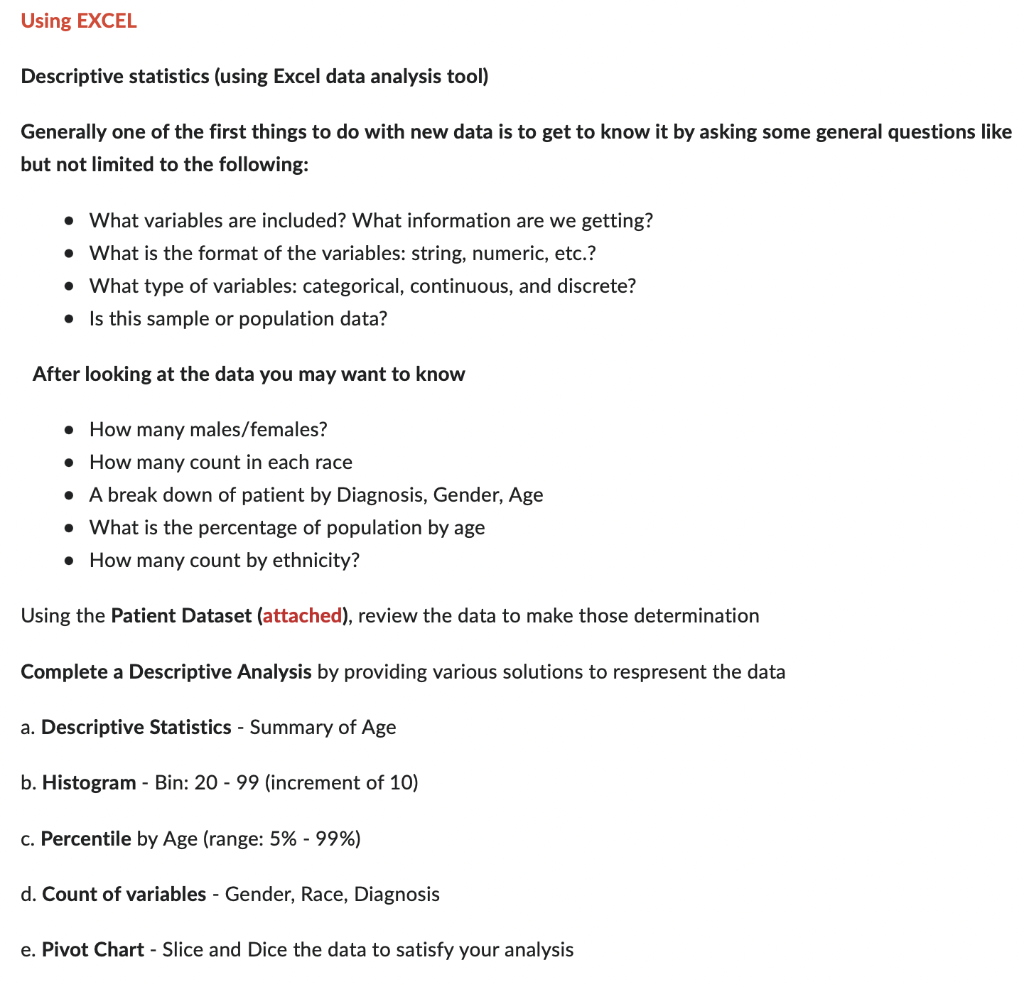 Using EXCEL Descriptive statistics (using Excel data | Chegg.com