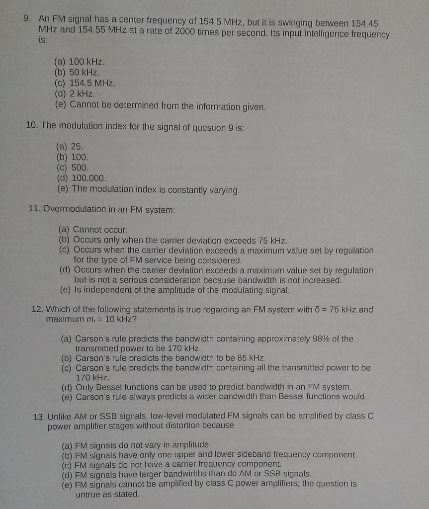 Solved 9. An FM signal has a center frequency of 154.5 MHz, | Chegg.com