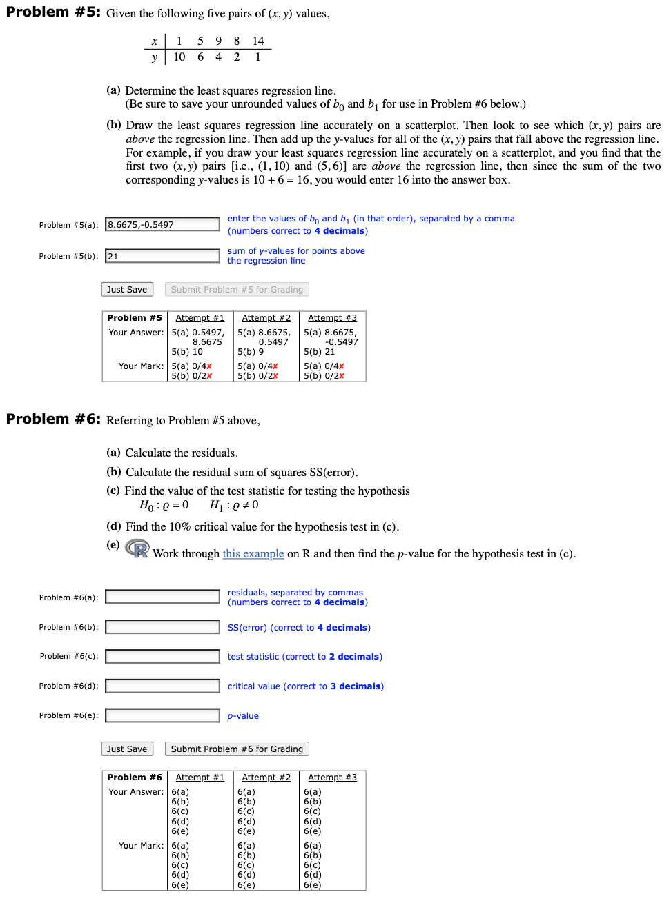 Problem \#5: Given the following five pairs of (x,y) | Chegg.com