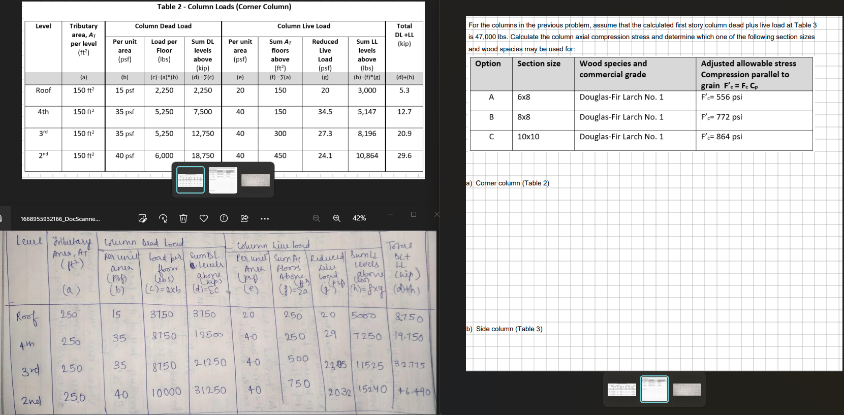 Table 2 - Column Loads (Corner Column) For the | Chegg.com