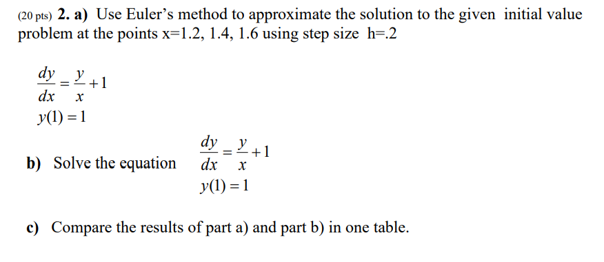 Solved (20 pts) 2. a) Use Euler's method to approximate the | Chegg.com
