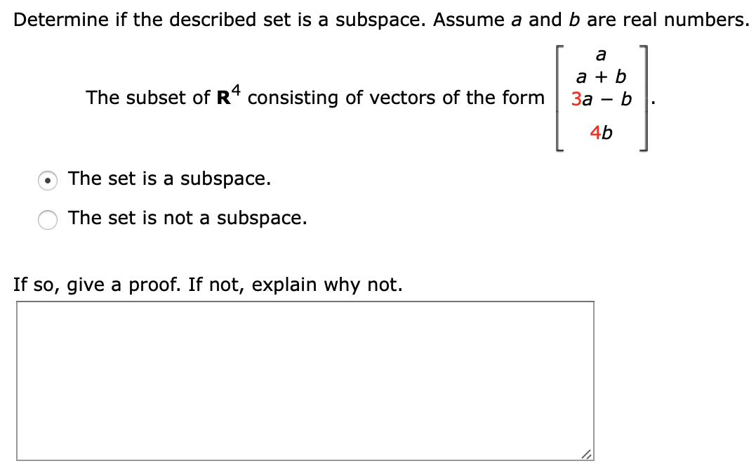 Solved Determine if the described set is a subspace. Assume | Chegg.com