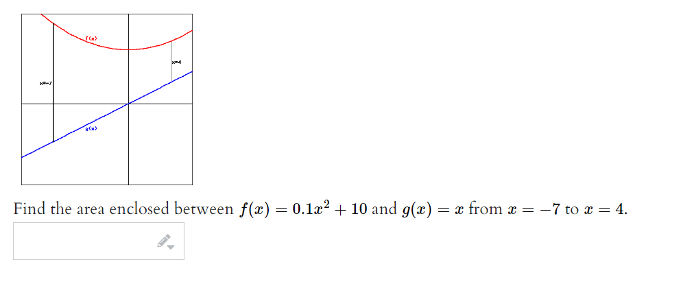 Solved Find the area enclosed between f(x)=0.1x2+10 and | Chegg.com