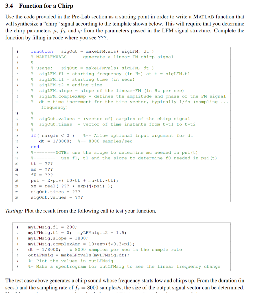 3.4 Function for a Chirp Use the code provided in the | Chegg.com