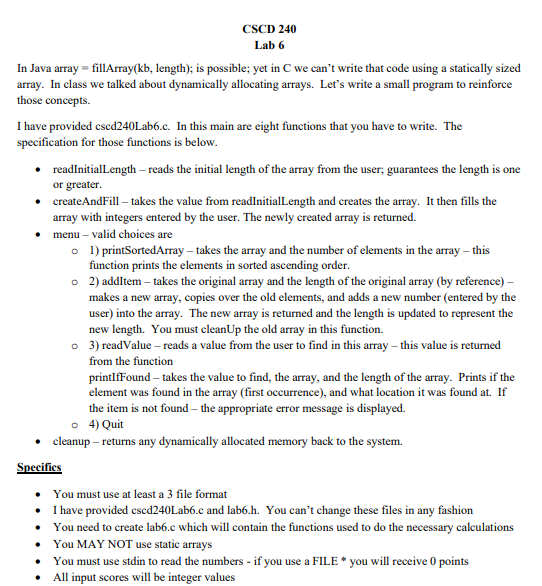 Solved Cscd 240 Lab 6 In Java Array Fillarraykb Length 