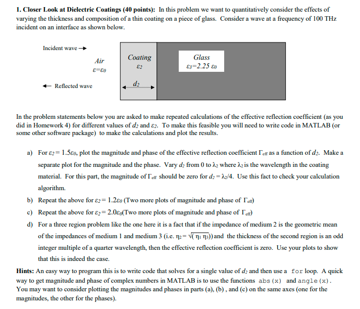 Solved 1. Closer Look at Dielectric Coatings (40 points): In | Chegg.com