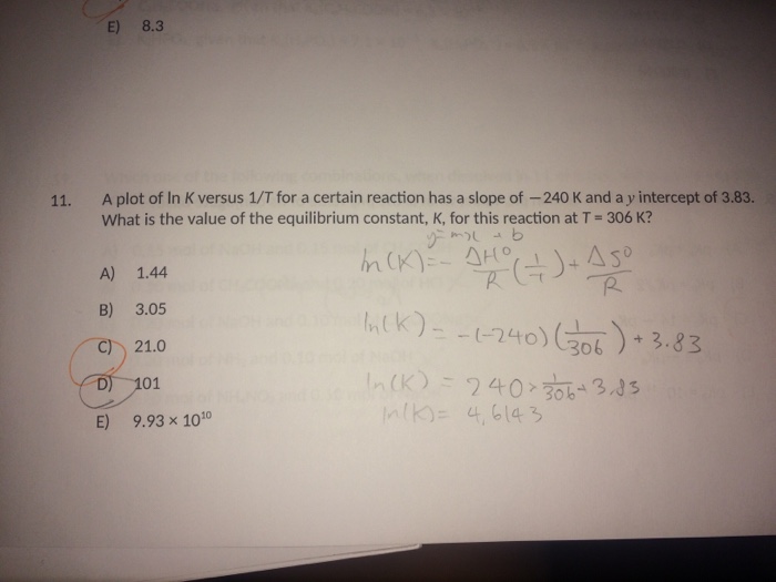 Solved E) 8.3 11. A plot of In K versus 1/T for a certain | Chegg.com