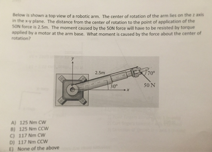 Solved Below is shown a top view of a robotic arm. The | Chegg.com