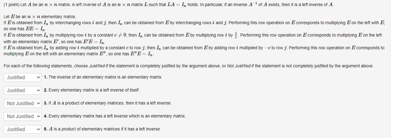 Solved (1 point) Let A be an n×n matrix. A left inverse of A | Chegg.com